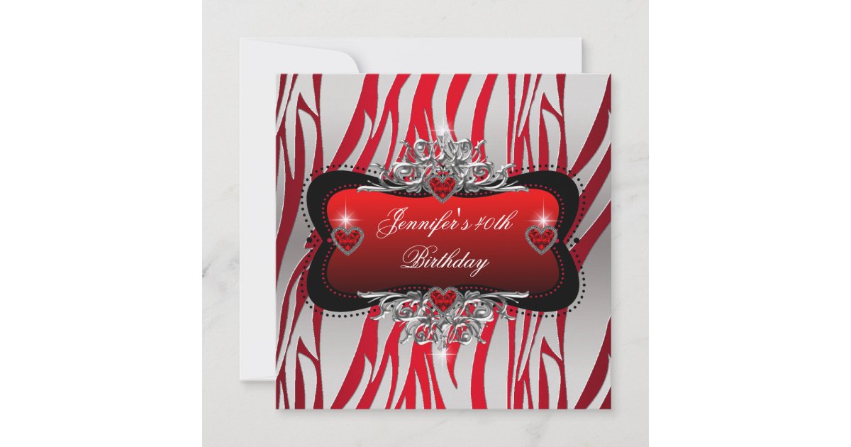 40th Birthday Party Red Silver Zebra Black Invitation | Zazzle