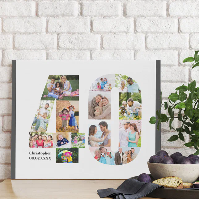40th Birthday Photo Collage Number 40 Custom Faux Canvas Print | Zazzle