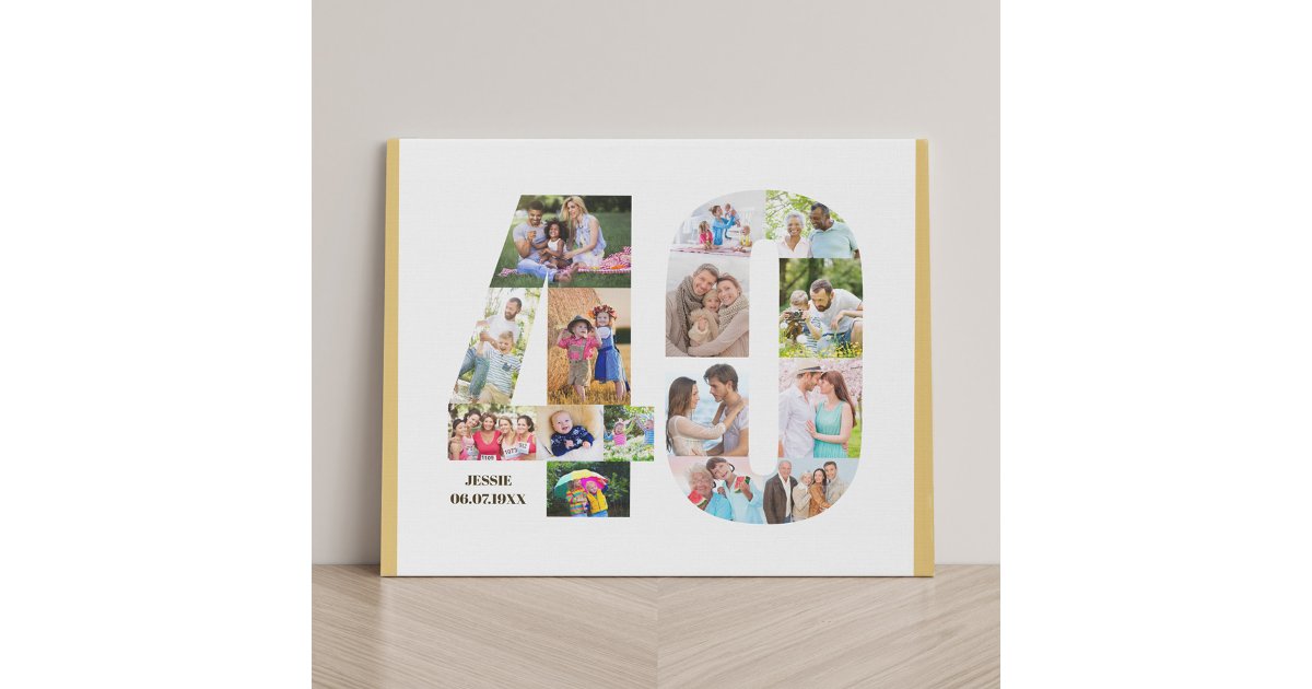 40th Birthday Photo Collage Number 40 Neutral Faux Canvas Print | Zazzle