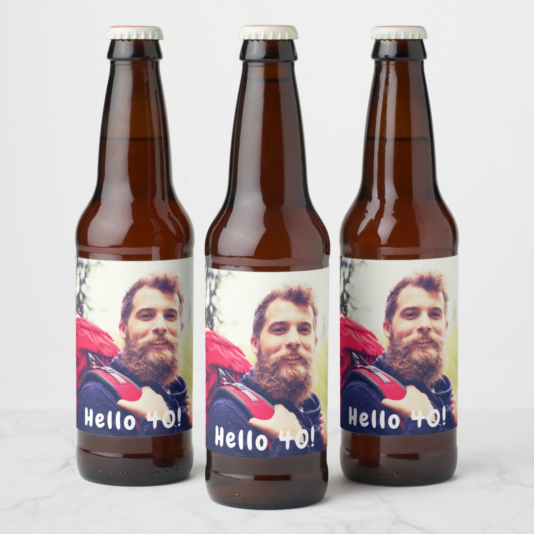 40th birthday photo hello 40 guys men beer bottle label | Zazzle