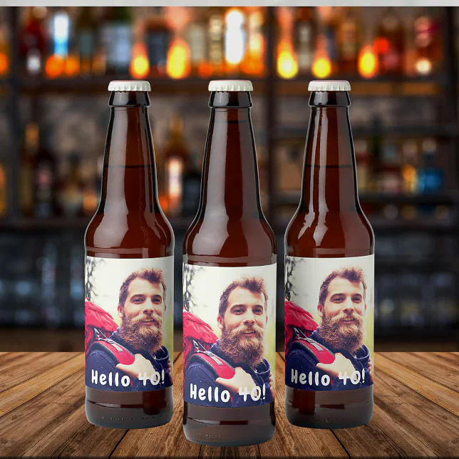 40th birthday photo hello 40 guys men beer bottle label | Zazzle