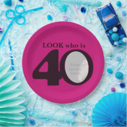 40th birthday photo look dark pink paper plate | Zazzle