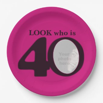40th birthday photo look dark pink paper plate | Zazzle