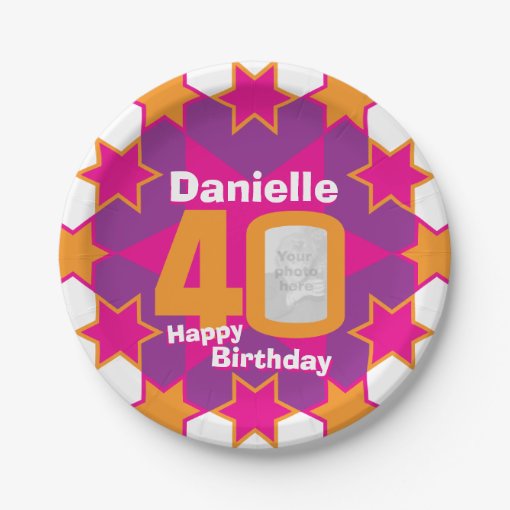 40th birthday photo name pink star paper plate | Zazzle