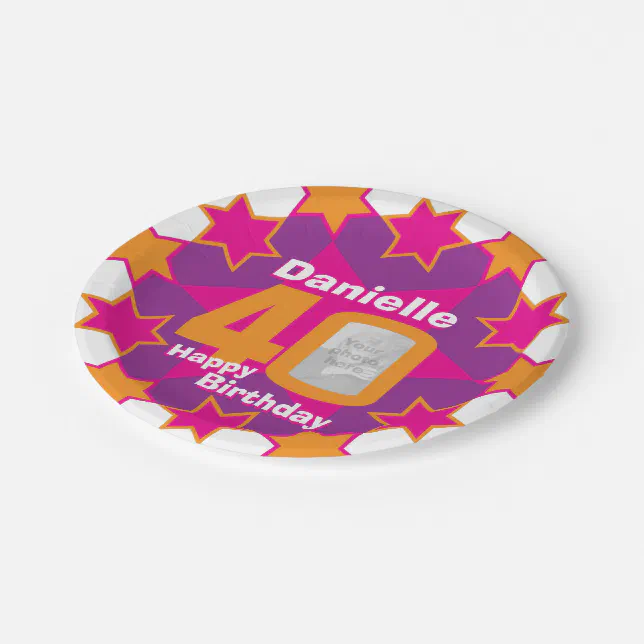 40th birthday photo name pink star paper plate | Zazzle