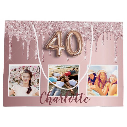 40th birthday pink glitter drips photo monogram large gift bag | Zazzle