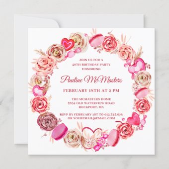 40th Birthday Pink Rose Swirly Heart Valentine Invitation | Zazzle