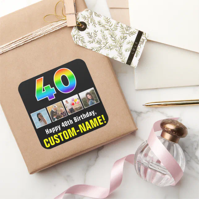 40th Birthday: Rainbow “40”; Custom Photos & Name Square Sticker | Zazzle