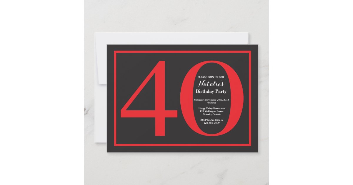 40th Birthday Red and Black Chalkboard Invitation | Zazzle