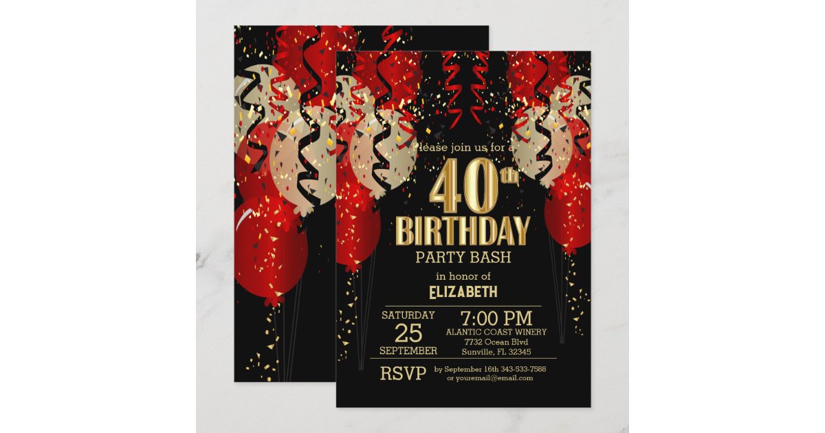 40th Birthday - Red Balloons Invitation | Zazzle