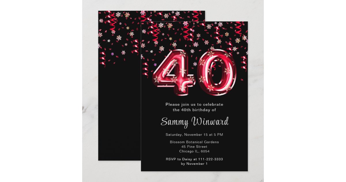 40th Birthday Red Balloons Snowflake Confetti Invitation | Zazzle