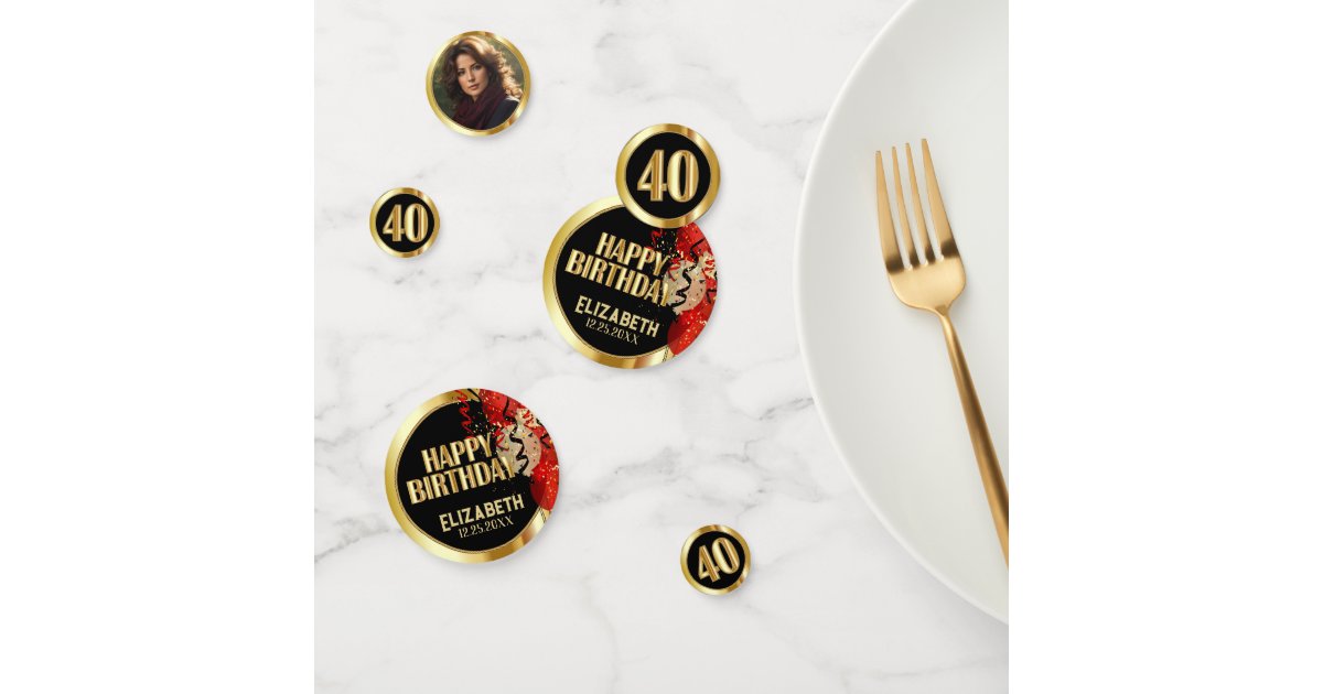 40th Birthday - Red, Black and Gold Photo Confetti | Zazzle
