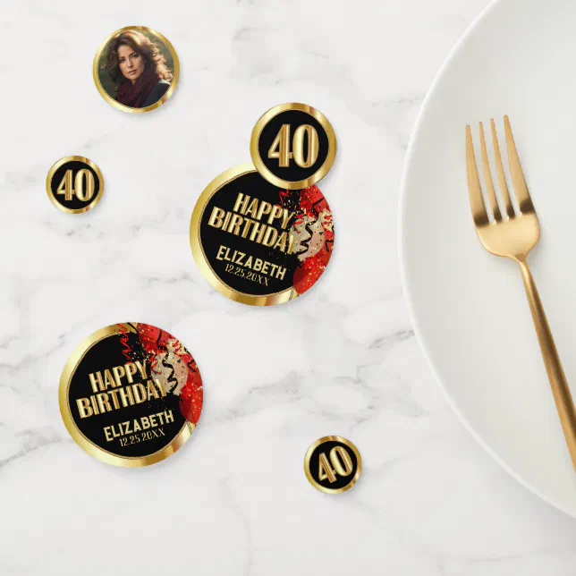40th Birthday - Red, Black and Gold Photo Confetti | Zazzle