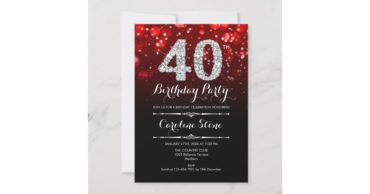 40th Birthday - Red Black Silver Invitation | Zazzle