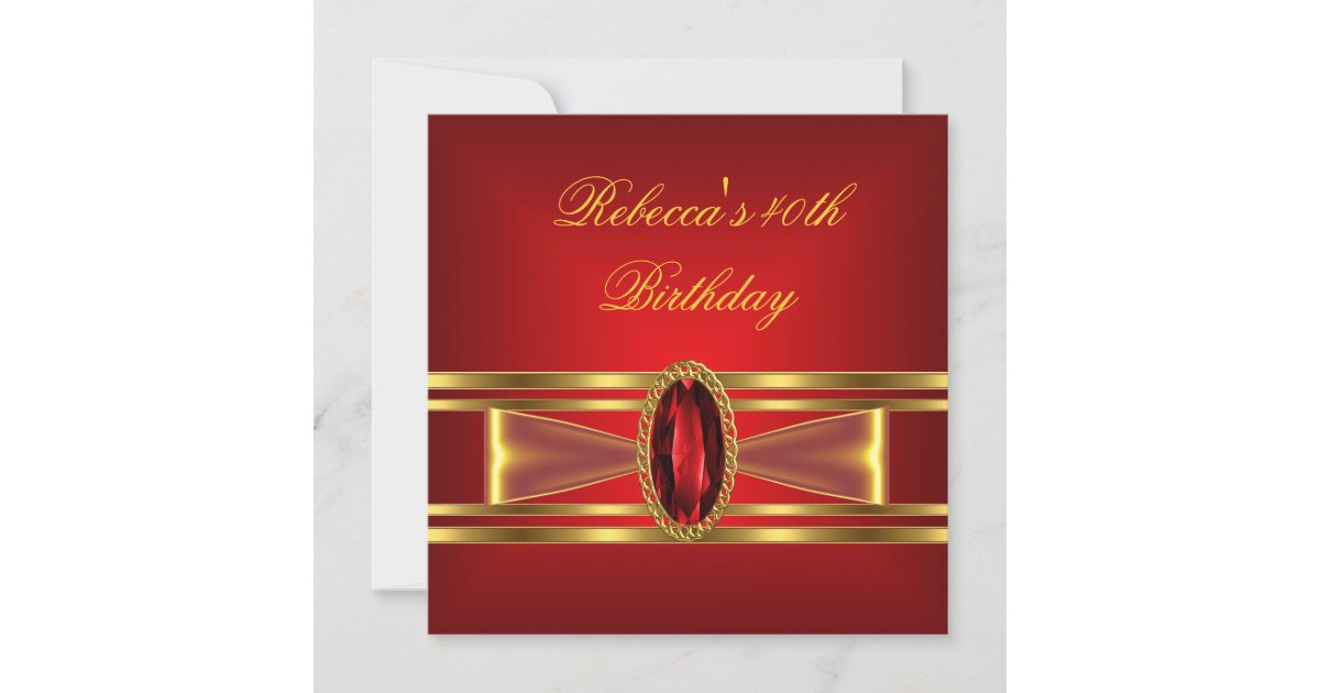 40th Birthday Red Gold Red Diamond Jewel Bow Invitation | Zazzle
