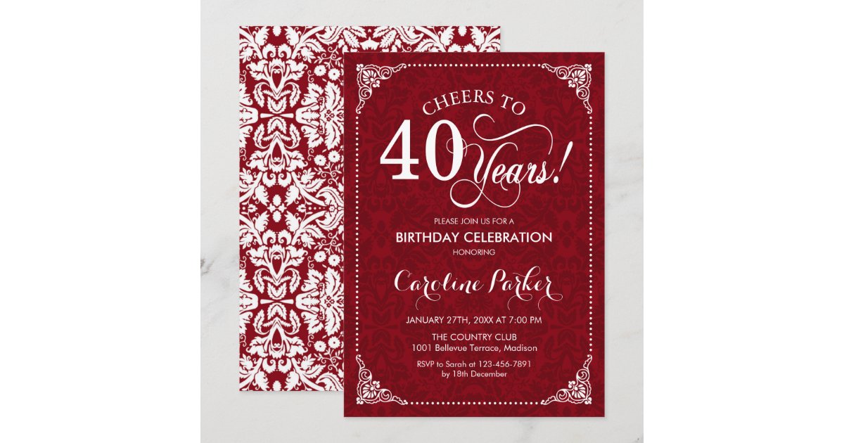 40th Birthday - Red White Damask Invitation | Zazzle