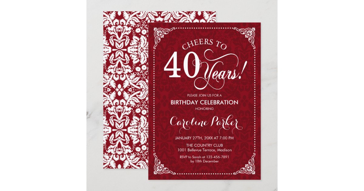 40th Birthday - Red White Damask Invitation | Zazzle