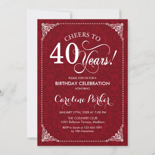 40th Birthday - Red White Damask Invitation | Zazzle