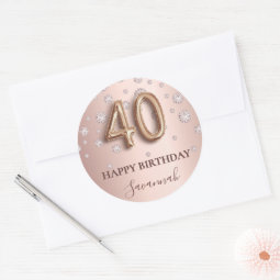 40th birthday rose gold pink diamonds balloon font classic round ...