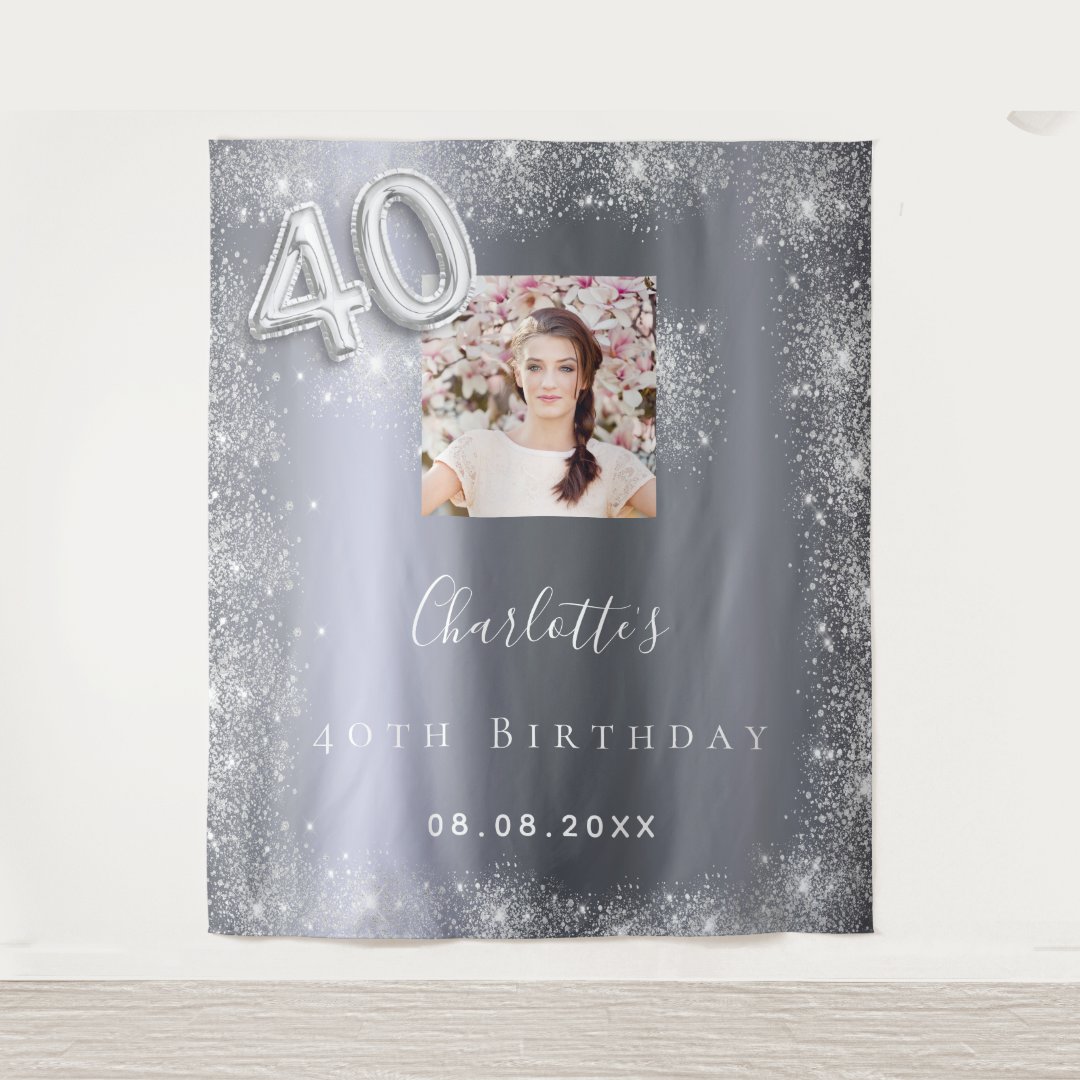 40th birthday silver glitter photo welcome tapestry | Zazzle