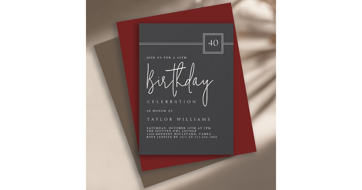 40th Birthday Simple Minimalist Flat Black Invitation | Zazzle