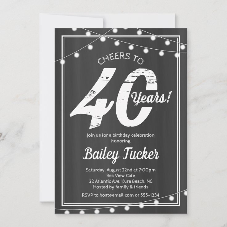 40th Birthday String Lights on Chalkboard Invitation | Zazzle
