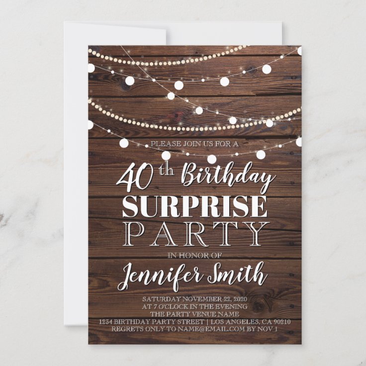 40th Birthday Surprise Rustic Wood String Lights Invitation | Zazzle