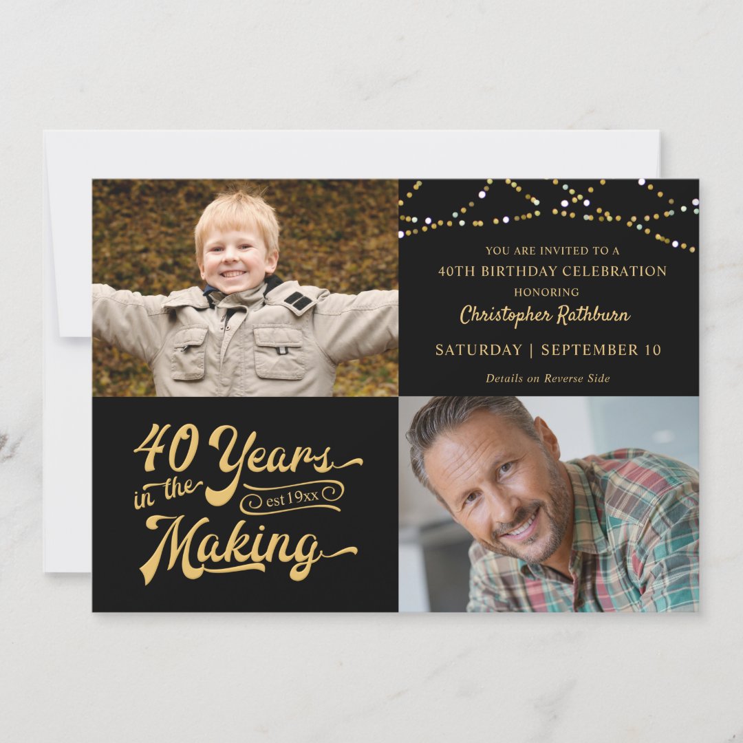 40th Birthday Then & Now Photos String Lights Invitation | Zazzle
