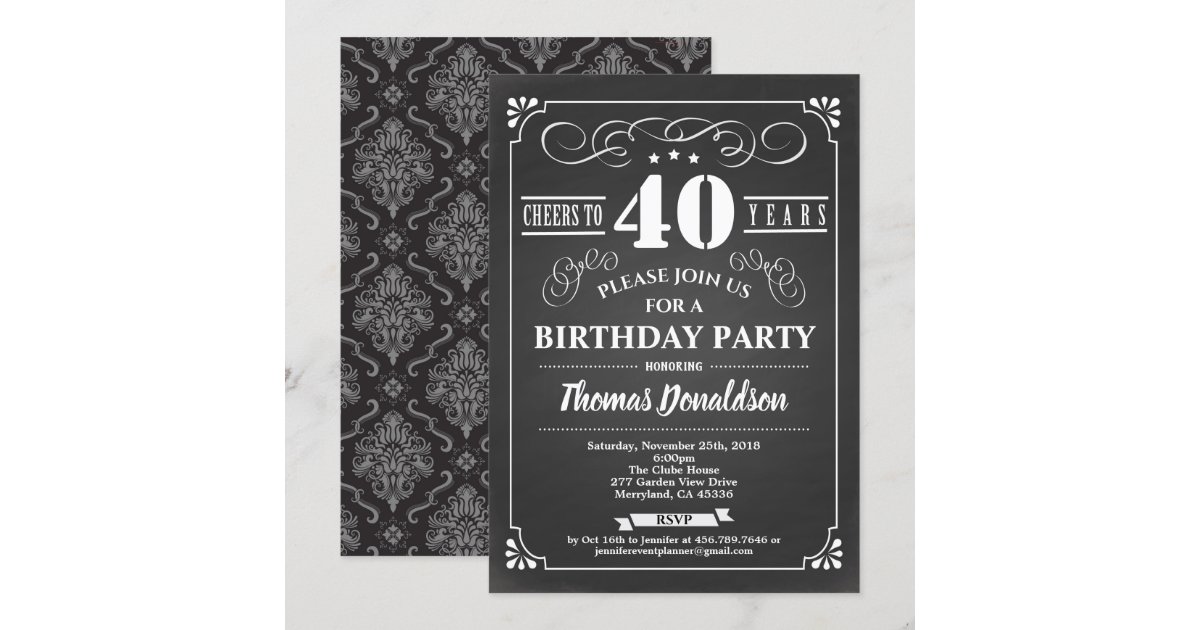 40th birthday vintage invite. Chalkboard classic Invitation | Zazzle