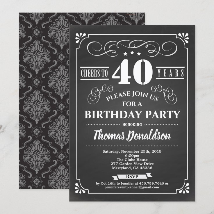 40th birthday vintage invite. Chalkboard classic Invitation | Zazzle