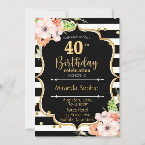 40th Black White Stripe Pink Floral Birthday Party Invitation | Zazzle