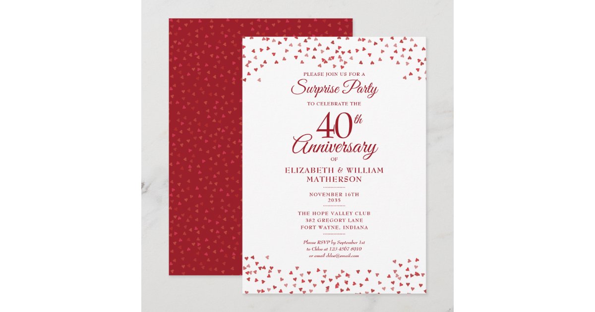 40th Ruby Anniversary Surprise Party Confetti Invitation | Zazzle
