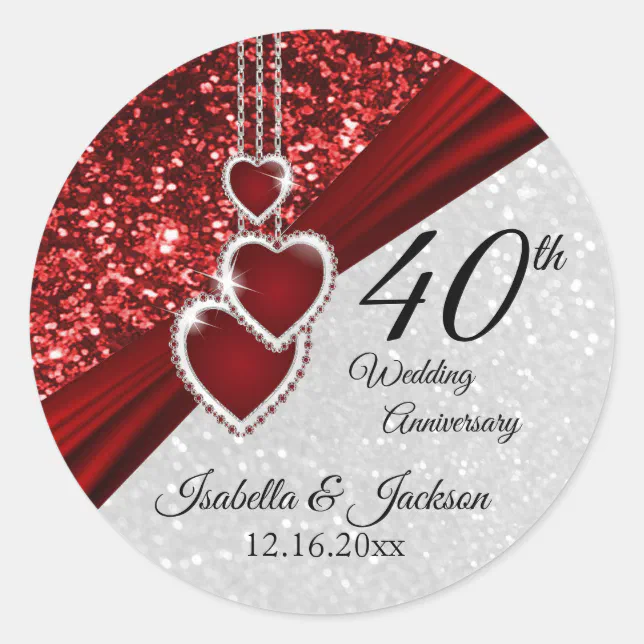 40th Ruby Red and White Glitter Anniversary Classic Round Sticker | Zazzle