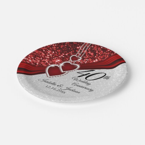 40th Ruby Red and White Glitter Anniversary Paper Plates | Zazzle