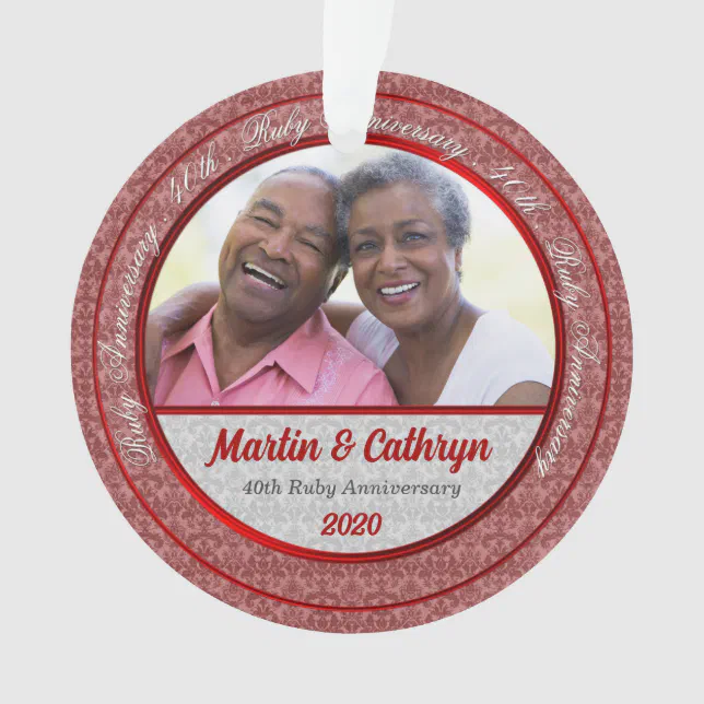 40th Ruby Red Anniversary with Damask and Photo Ornament | Zazzle