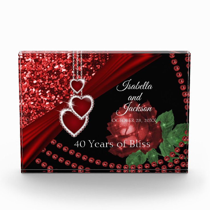 40th Ruby Red Glitter and Rose Anniversary Acrylic Award | Zazzle
