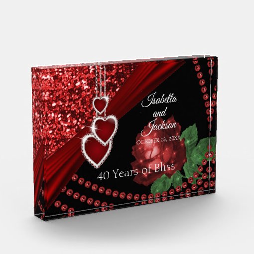 40th Ruby Red Glitter and Rose Anniversary Acrylic Award | Zazzle