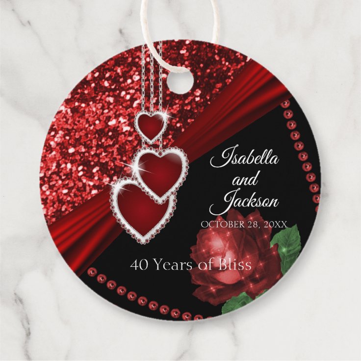 40th Ruby Red Glitter and Rose Anniversary Favor Tags | Zazzle