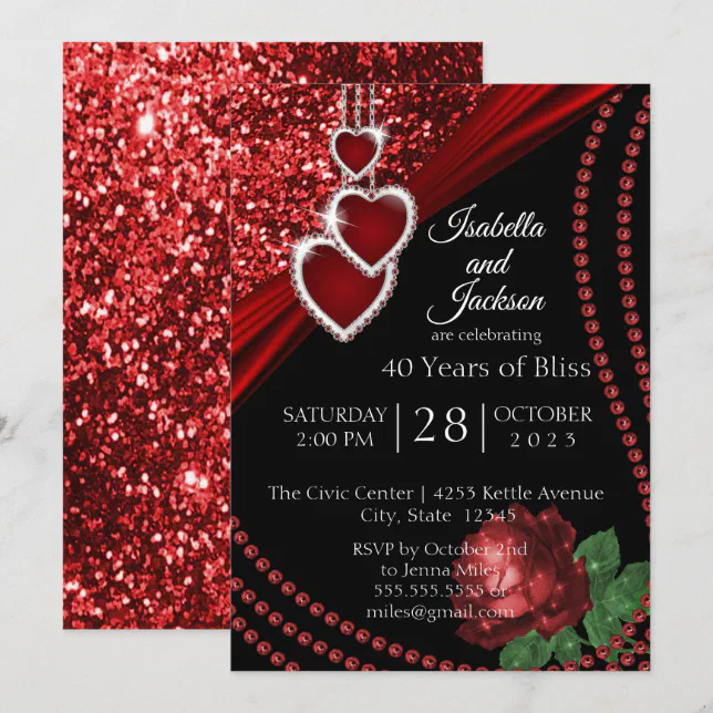 40th Ruby Red Glitter and Rose Anniversary Invitation | Zazzle