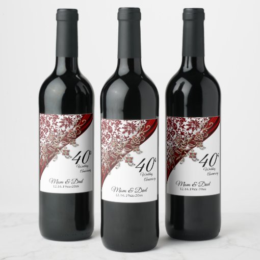 40th Ruby Red & White Wedding Anniversary Wine Label | Zazzle
