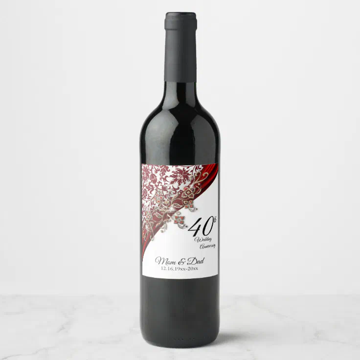 40th Ruby Red & White Wedding Anniversary Wine Label | Zazzle