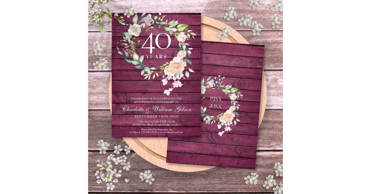 40th Ruby Red Wood Floral Wedding Anniversary Invitation | Zazzle