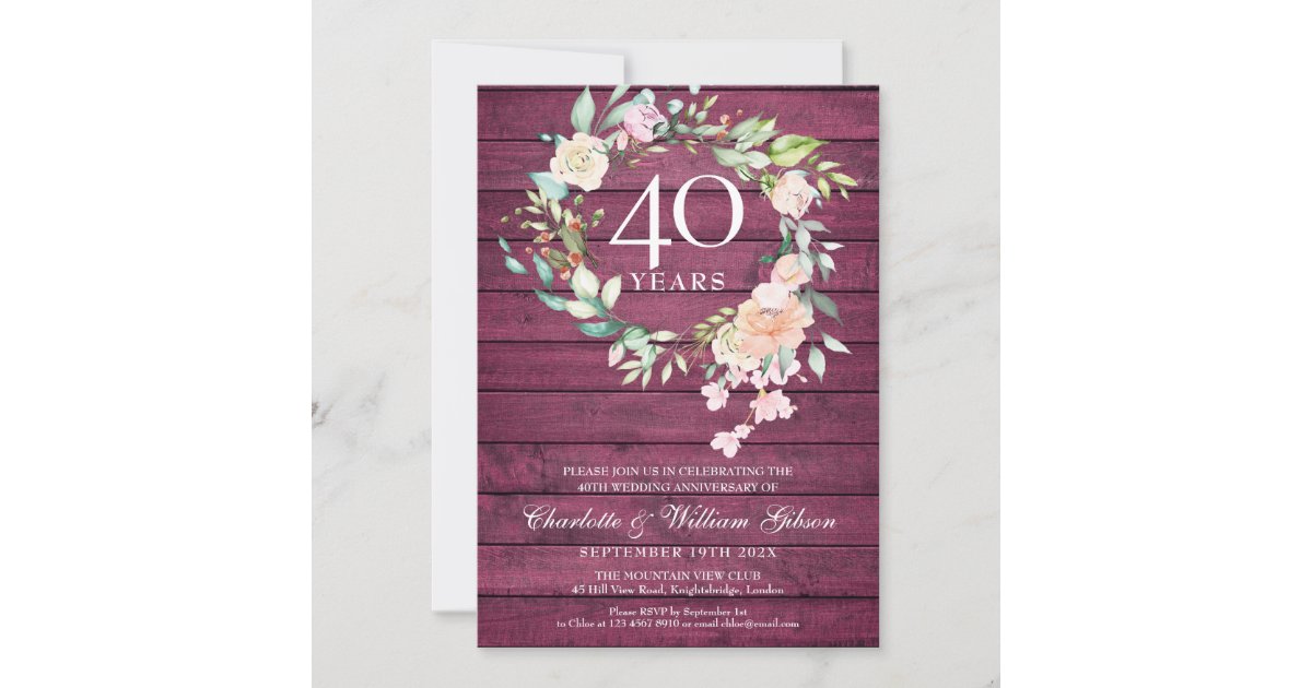40th Ruby Red Wood Floral Wedding Anniversary Invitation | Zazzle