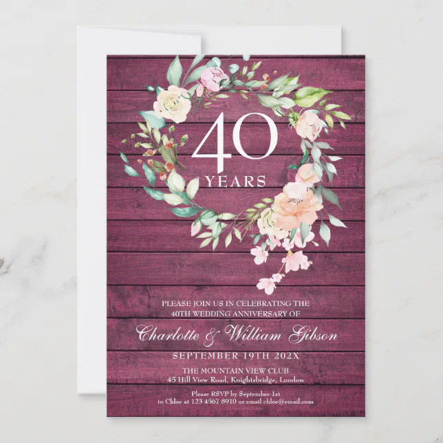 40th Ruby Red Wood Floral Wedding Anniversary Invitation | Zazzle