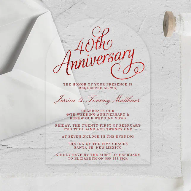 40th Ruby Wedding Anniversary Acrylic Invitations | Zazzle
