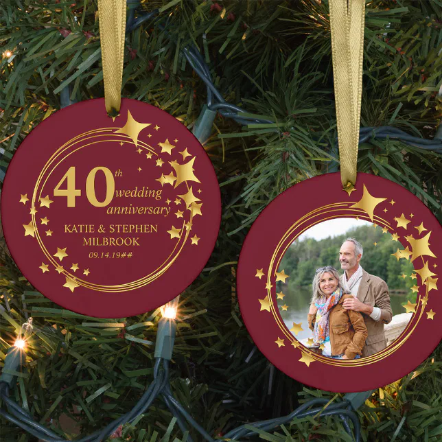 40th Ruby Wedding Anniversary Photo Gold Stars Ceramic Ornament | Zazzle