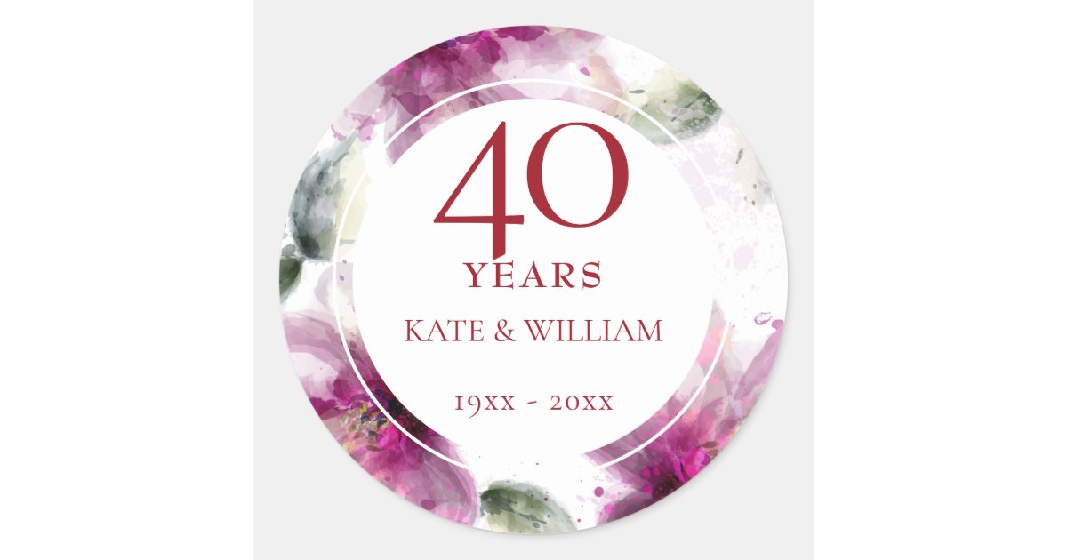 40th Ruby Wedding Anniversary Watercolor Floral Classic Round Sticker ...