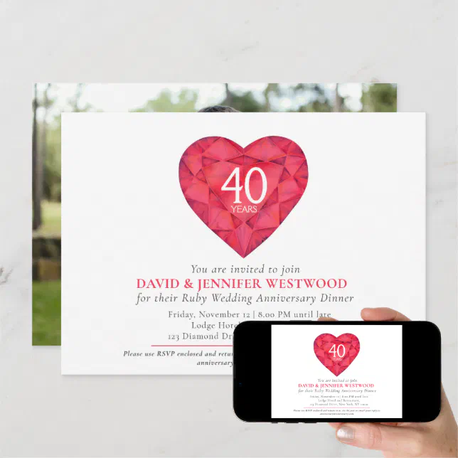 40th Ruby Wedding Anniversary watercolor heart Invitation | Zazzle