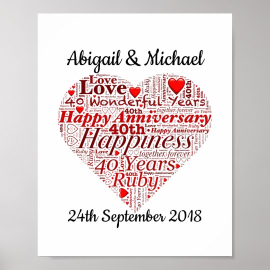 40th Ruby Wedding Anniversary Word Art Print | Zazzle.com