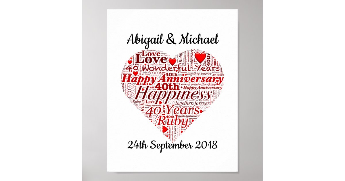 40th Ruby Wedding Anniversary Word Art Print | Zazzle